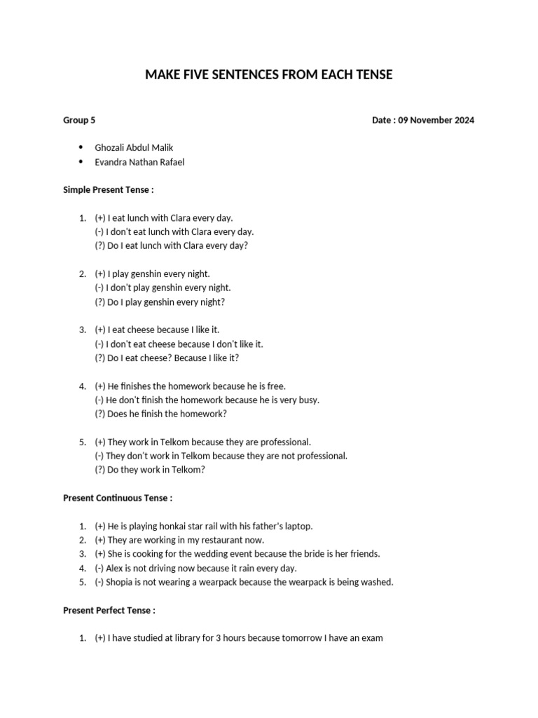 MAKE FIVE SENTENCES FROM EACH TENSE - Group 5 | PDF