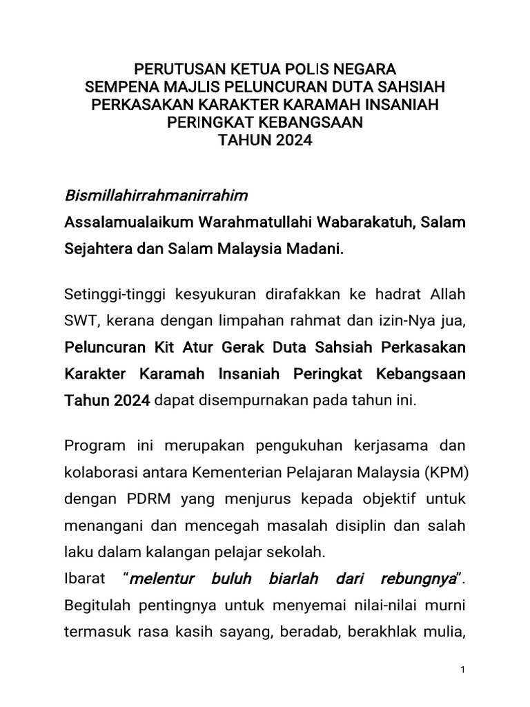 Perutusan KPN Sempena Peluncuran Kit Gerak Atur Duta Sahsiah | PDF