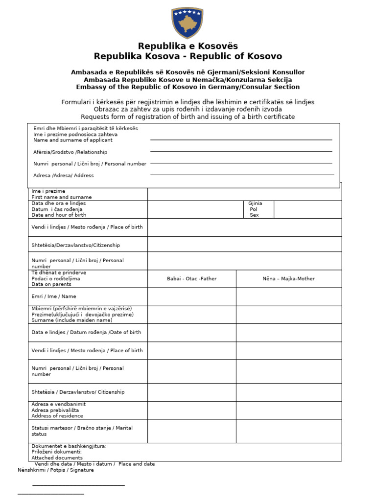 07a Formulari I Kerkeses Per Regjistrimin e Lindjes-1 2 | PDF
