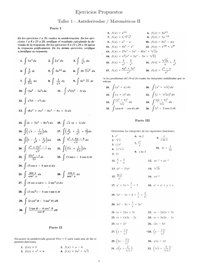 Taller 1 Antiderivadas Math II | PDF