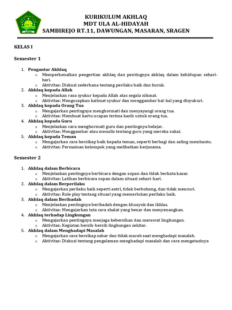 Kurikulum Akhlaq Kelas 1-5 MDT Al-Hidayah | PDF