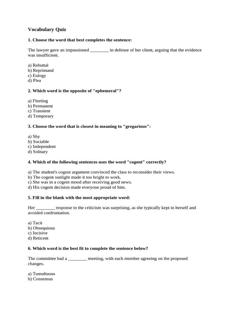 Vocabulary Quiz: Test Your Word Knowledge | PDF | Language Arts ...