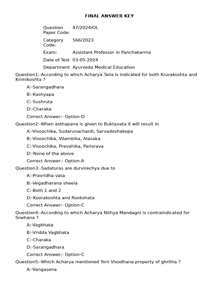 Final Key Asst Proff Panchakarma | PDF | Ayurveda | Asian Traditional Medicine