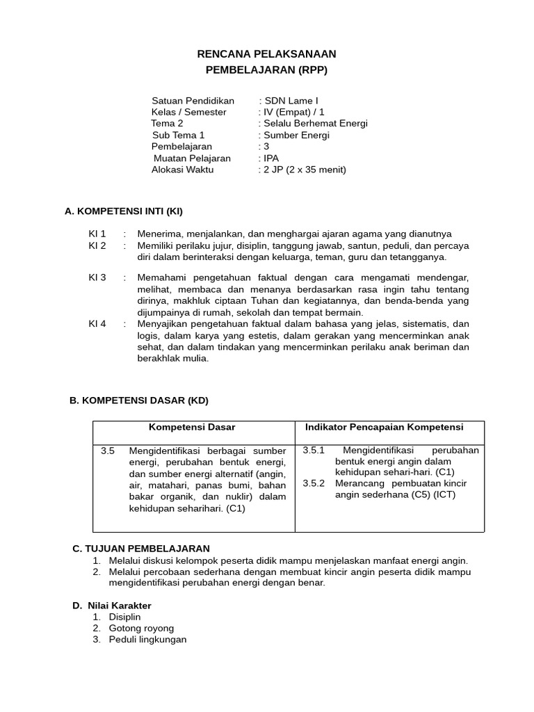 RPP KLS 4 Tema 2 Sumber Energi | PDF | Karier & Perkembangan | Kajian Bahasa Asing