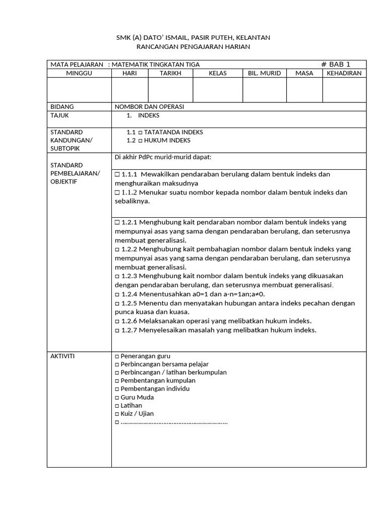 RPH Ting 3 Bab 1 Indeks | PDF