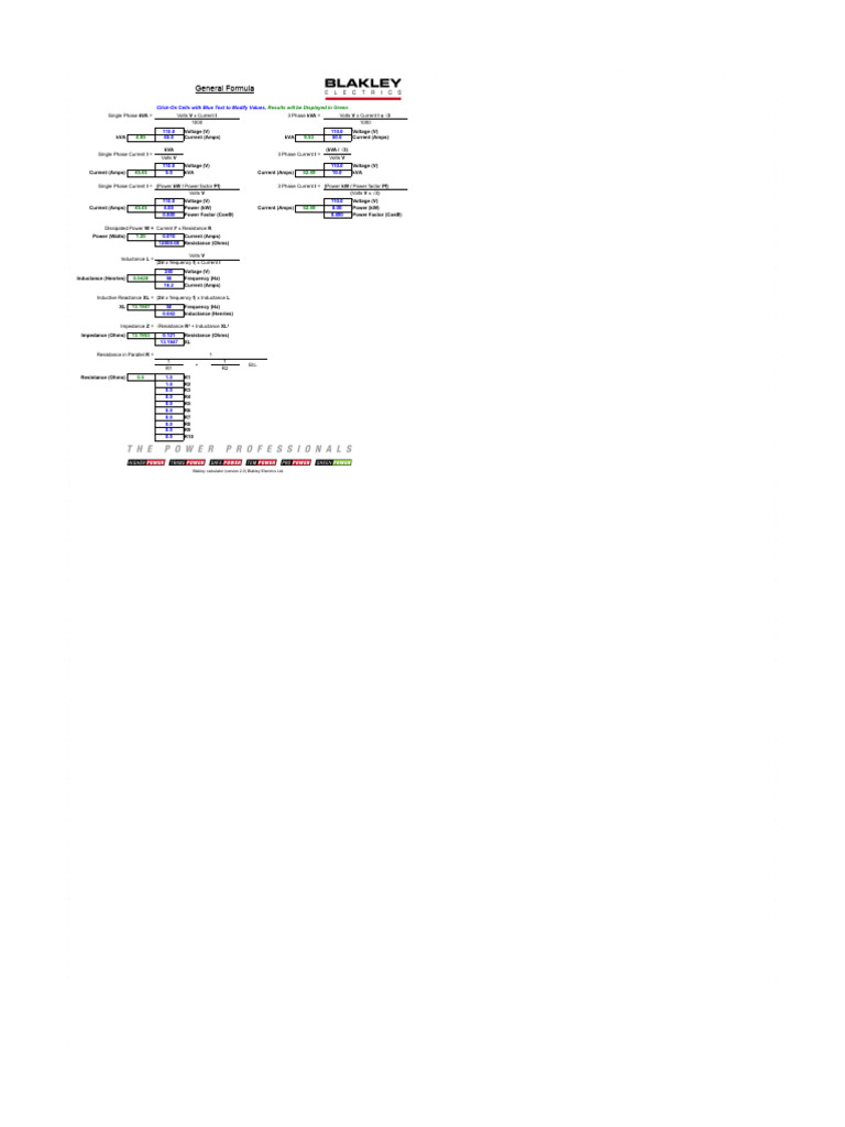 Electrical Engineering General Formulas Spreadsheet Pdf Volt