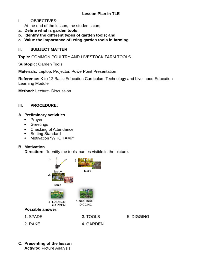 Lesson Plan in Select and Use Farm Tools | PDF | Home & Garden
