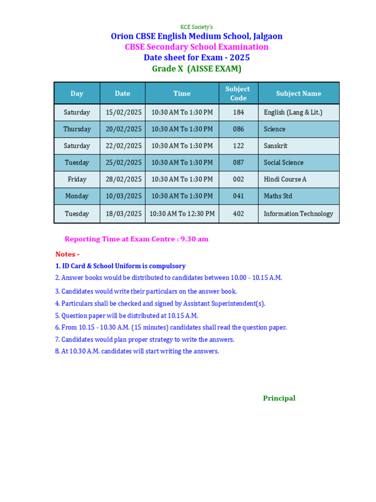 CBSE Exam Time Table 2024-25 | PDF