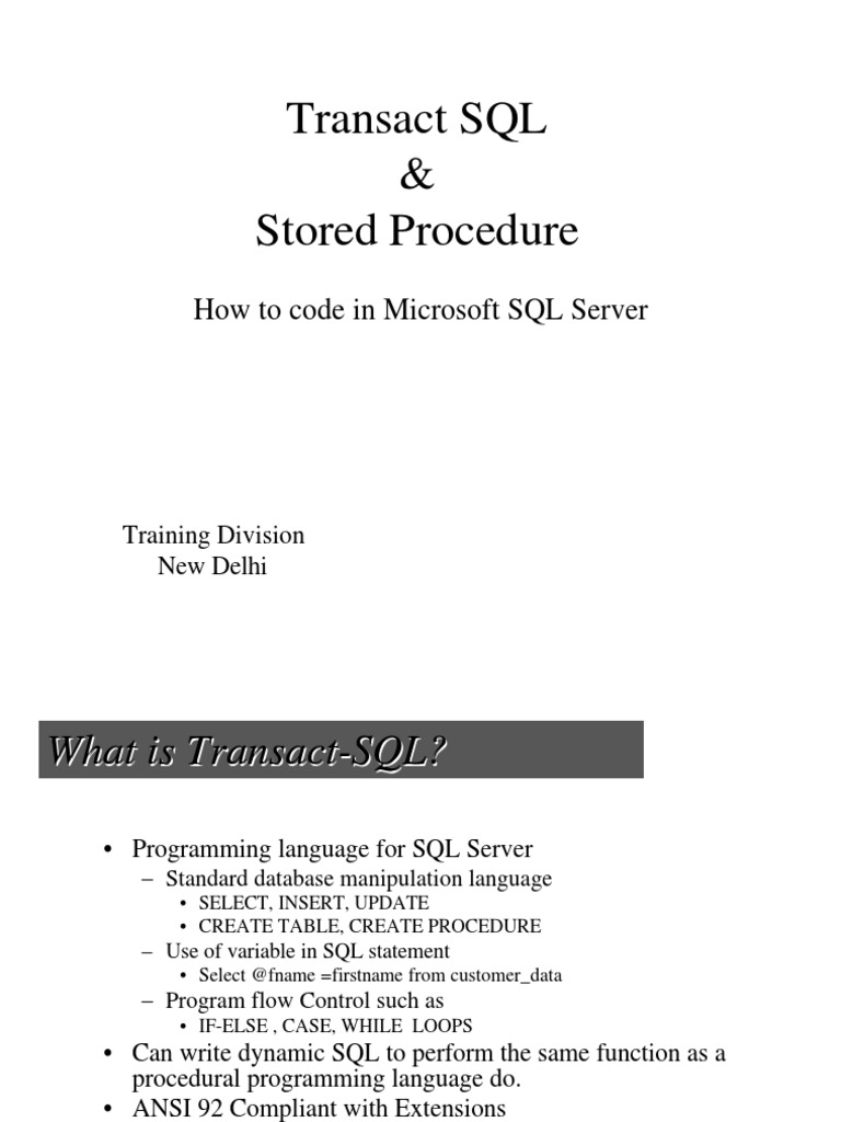 Transact SQL & Stored Procedure | PDF | Microsoft Sql Server | Variable (Computer Science)