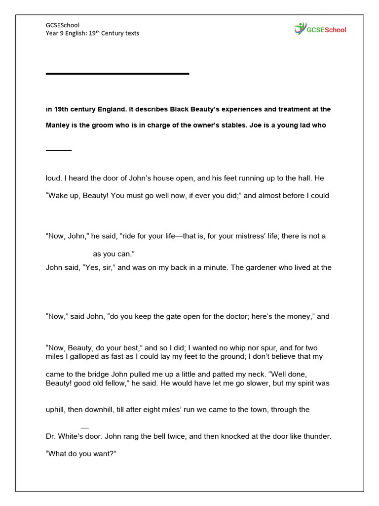 LESSON 8 Yr9 19th Century Texts - Black Beauty | PDF | Black Beauty ...