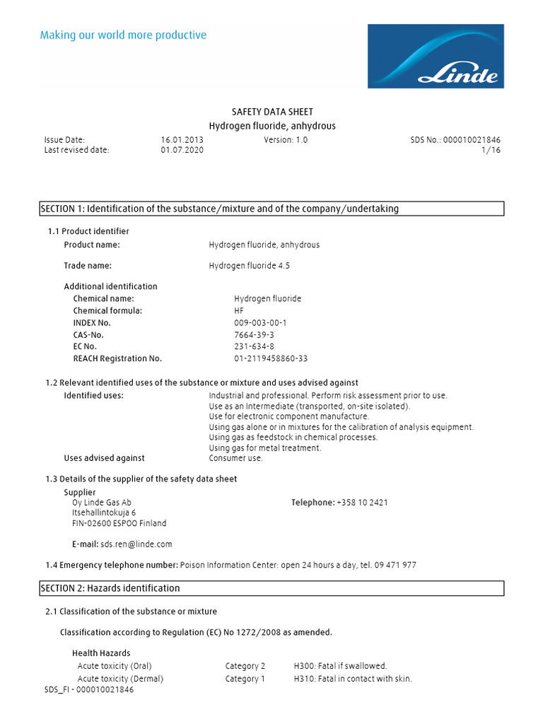 Hydrogen Fluoride Safety Data Sheet | PDF | Toxicity | Dangerous Goods