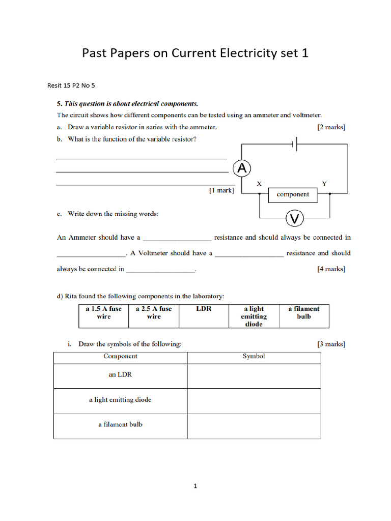 Past Papers On Current Electricity Set 1 New Syllabus | PDF