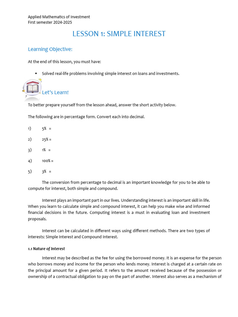LESSON 1 Applied Mathematics of Investment | PDF | Interest | Debt