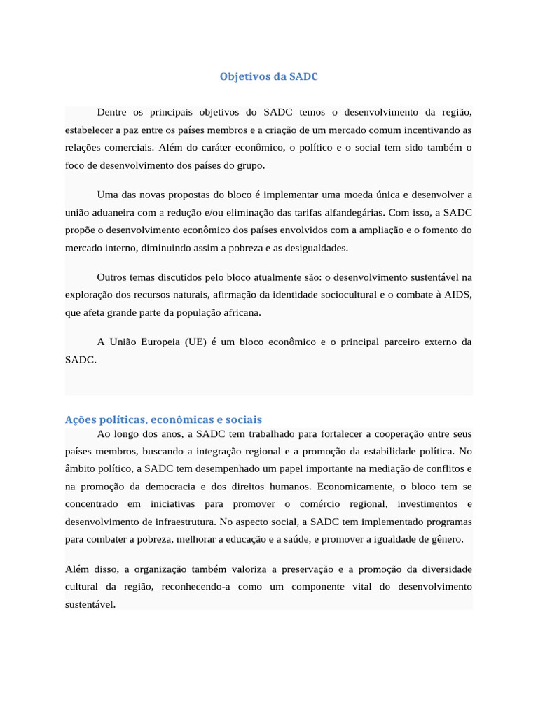 Objetivos Da SADC | PDF
