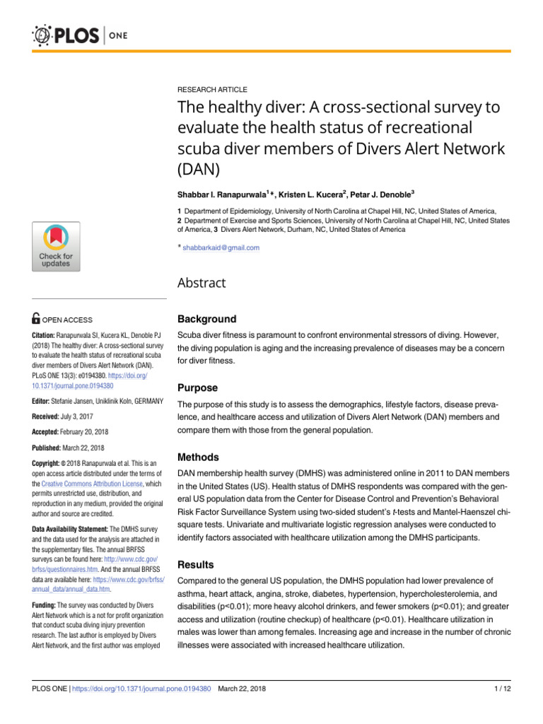 The Healthy Diver A Cross-Sectional Survey To Evaluate The Health ...