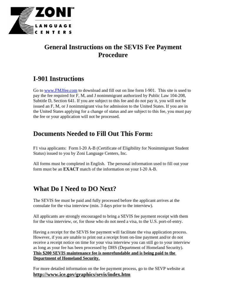 General Instructions On The SEVIS Fee (INITIAl) | PDF | Finance & Money ...