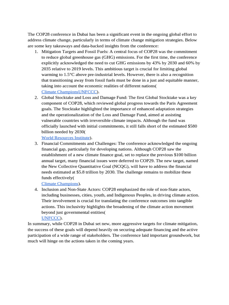 COP28: New Climate Goals & Challenges | PDF | Climate Change Mitigation ...
