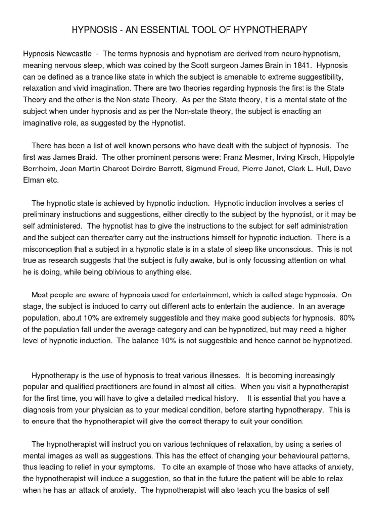 Hypnosis - An Essential Tool of Hypnotherapy | PDF | Hypnotherapy ...