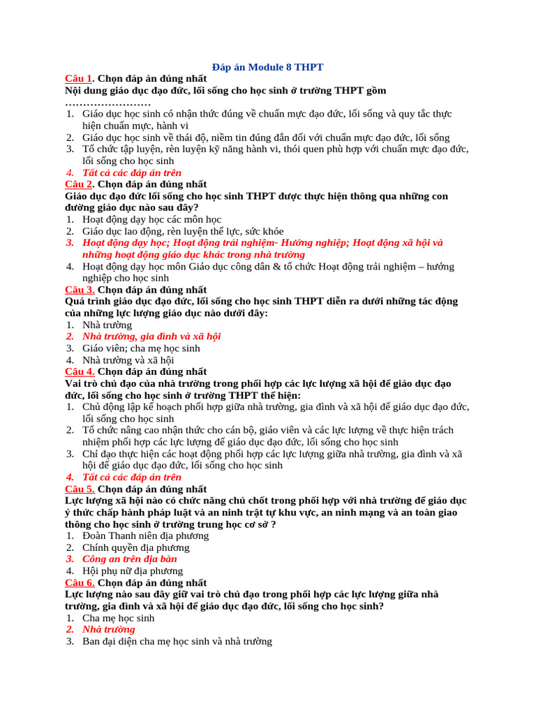 Đáp án Module 8 THPT (trắc nghiệm) | PDF