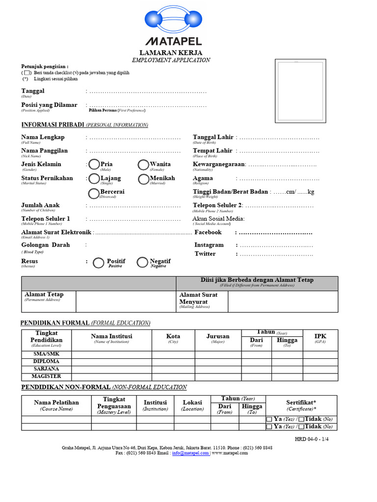 Application Form PT Mata Pelangi Chemindo | PDF
