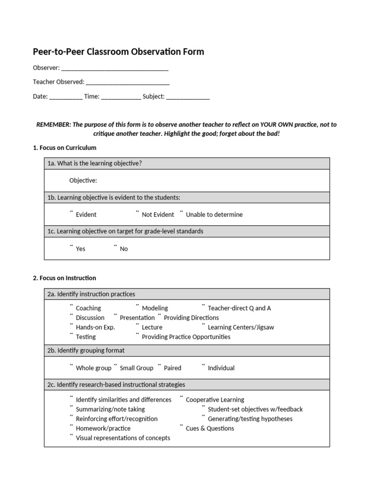 Teacher Observation Reflection Form | PDF | Learning | Teachers