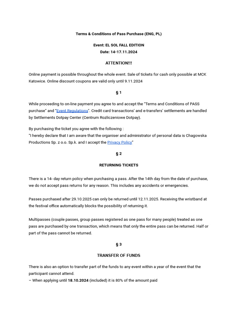 Terms Conditions of Pass Purchase ENG PL 2024 | PDF | Services ...