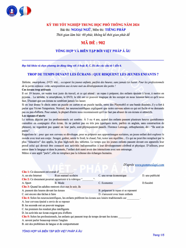 ĐỀ THI TỐT NGHIỆP THPT QG 2024- TIẾNG PHÁP (MÃ ĐỀ 902) | PDF