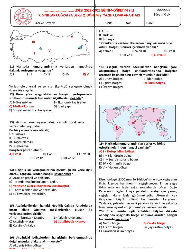 9 Sinif 2 Donem 2 Yazili Cevap Anahtari 2022 2023 | PDF