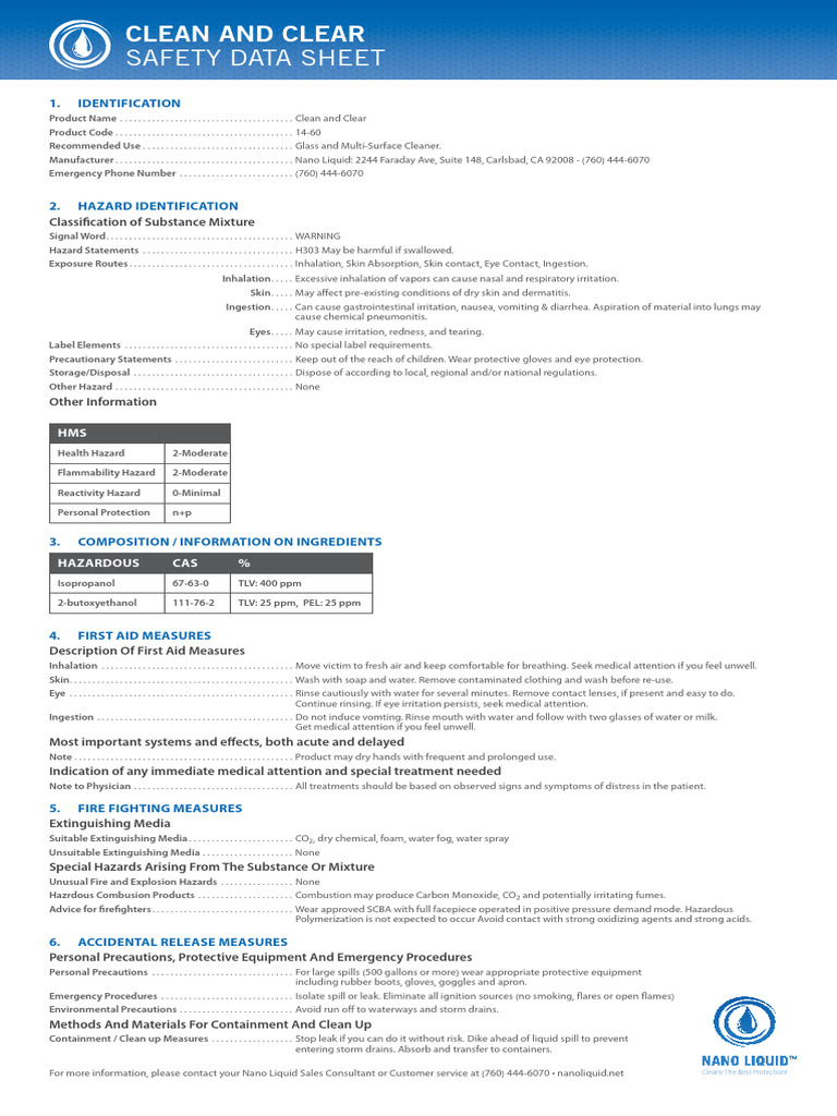 Clean and Clear Safety Data Sheet | PDF | Carbon Dioxide | Combustion