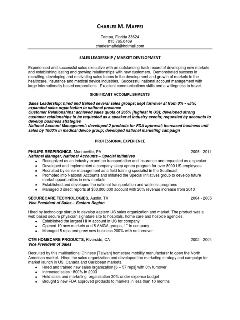 Vice President Sales Marketing in Tampa ST Petersburg FL Resume Charles ...
