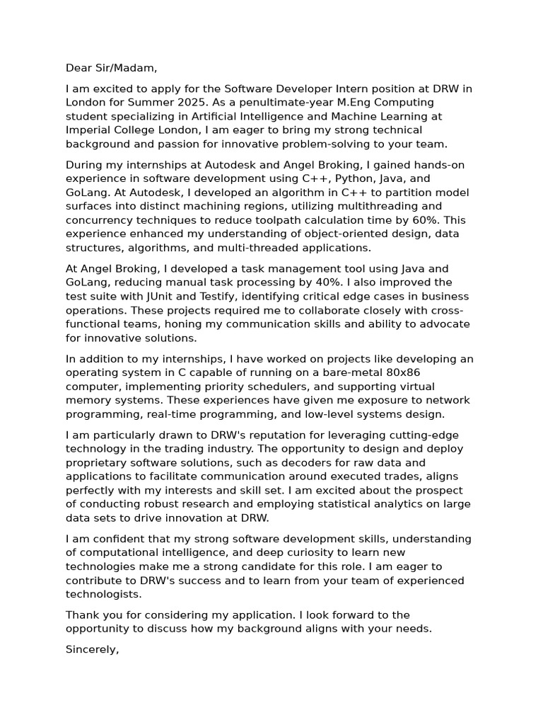 DRW Cover Letter | PDF | Art | Computers