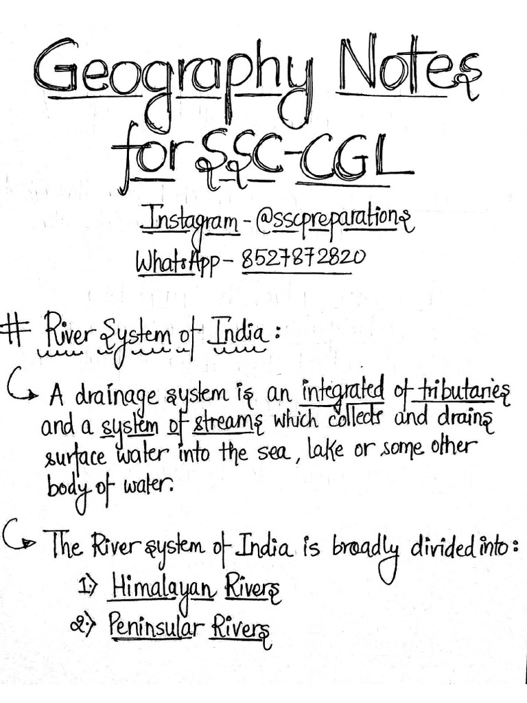 Indian Rivers System Geography Handwritten Notes For SSC CGL 2024 | PDF