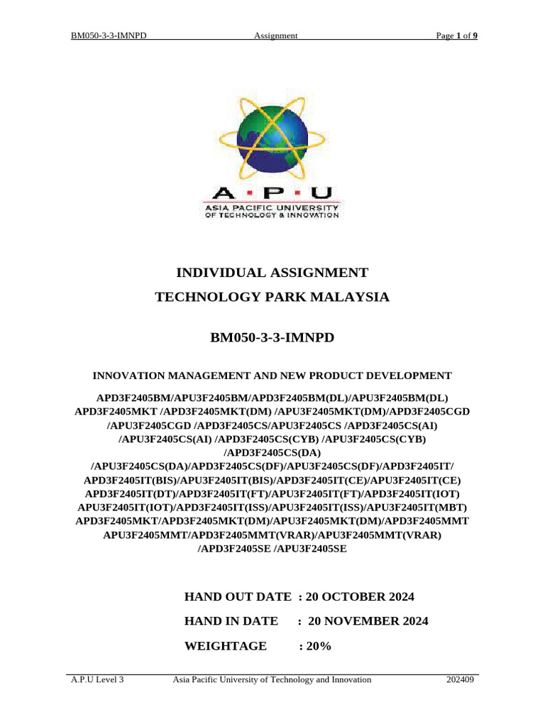 IMNPD Assignment Individual 202409 | PDF | New Product Development | Plagiarism