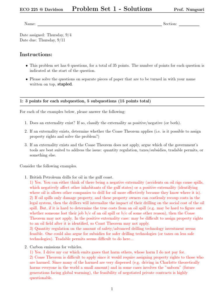 ECO225 Fall 2015 PS1 Solutions | PDF | Externality | Market (Economics)
