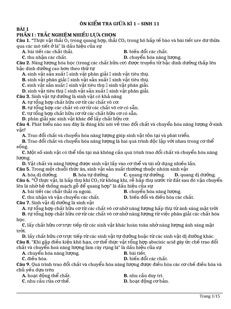 Ôn Kiểm Tra GK1 - Sinh 11 - HS | PDF