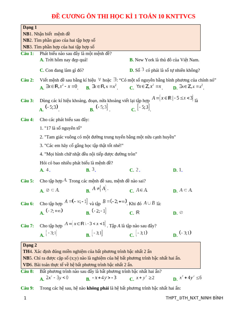 De Cuong On Thi Hoc Ki 1 Toan 10 Ket Noi Tri Thuc Voi Cuoc Song | PDF
