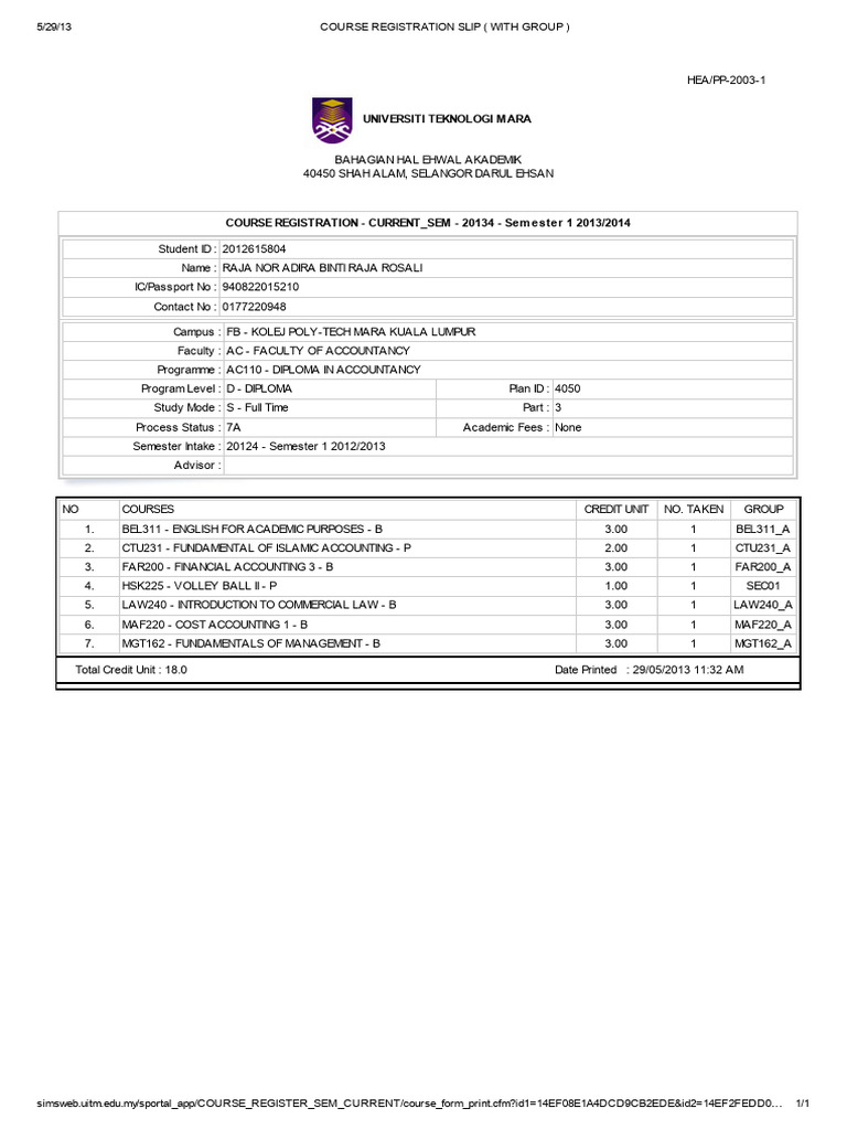 COURSE REGISTRATION SLIP Uitm | PDF