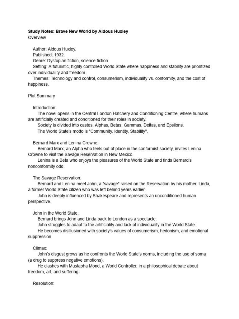 Study Notes - Brave New World by Aldous Huxley | PDF | Social Science