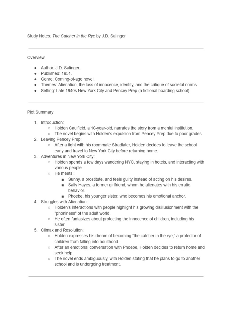 Study Notes - The Catcher in The Rye by J.D. Salinger | PDF