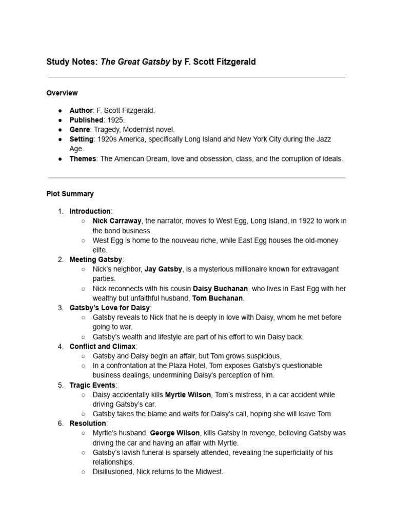 Great Gatsby Study Notes Summary | PDF | The Great Gatsby