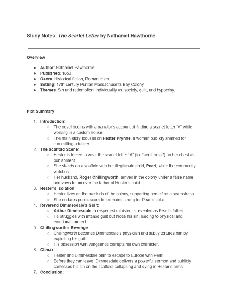 Study Notes - The Scarlet Letter | PDF | The Scarlet Letter