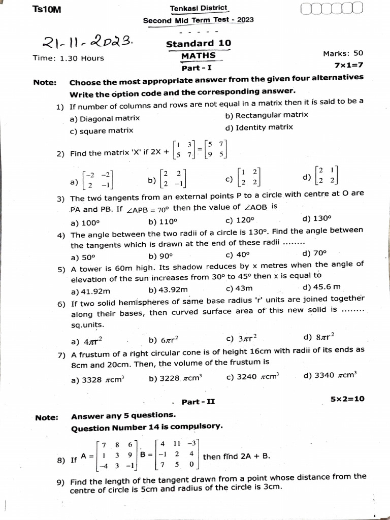10th Maths EM 2nd Mid Term Exam 2023 Question Paper Thenkasi District ...