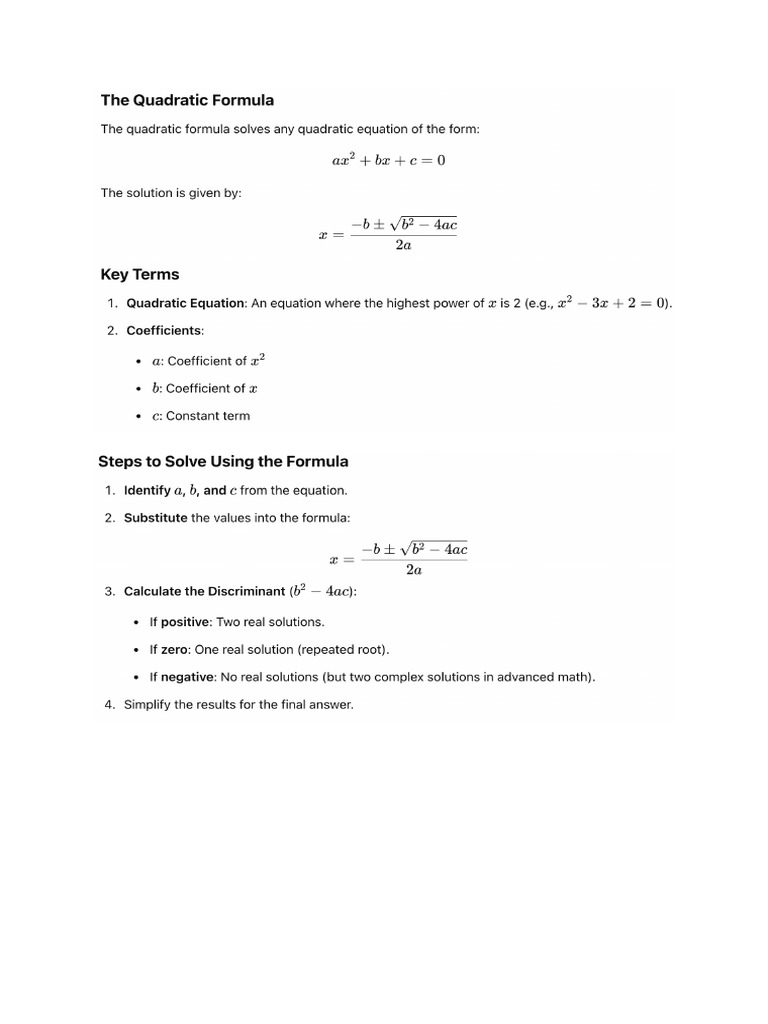 Quadratic Formulae Concise Notes | PDF