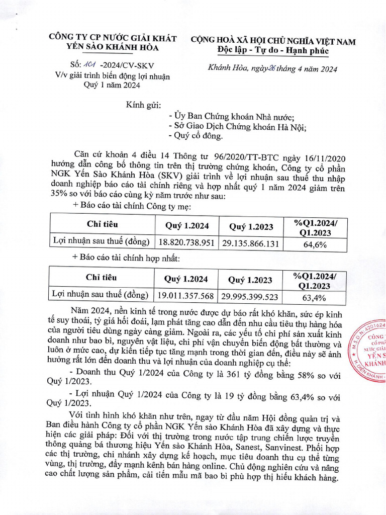 2 SKV 2024 5 1 67bec04 Giai Trinh Bien Dong Loi Nhuan Quy 1 Nam Tai Chinh 2024 | PDF