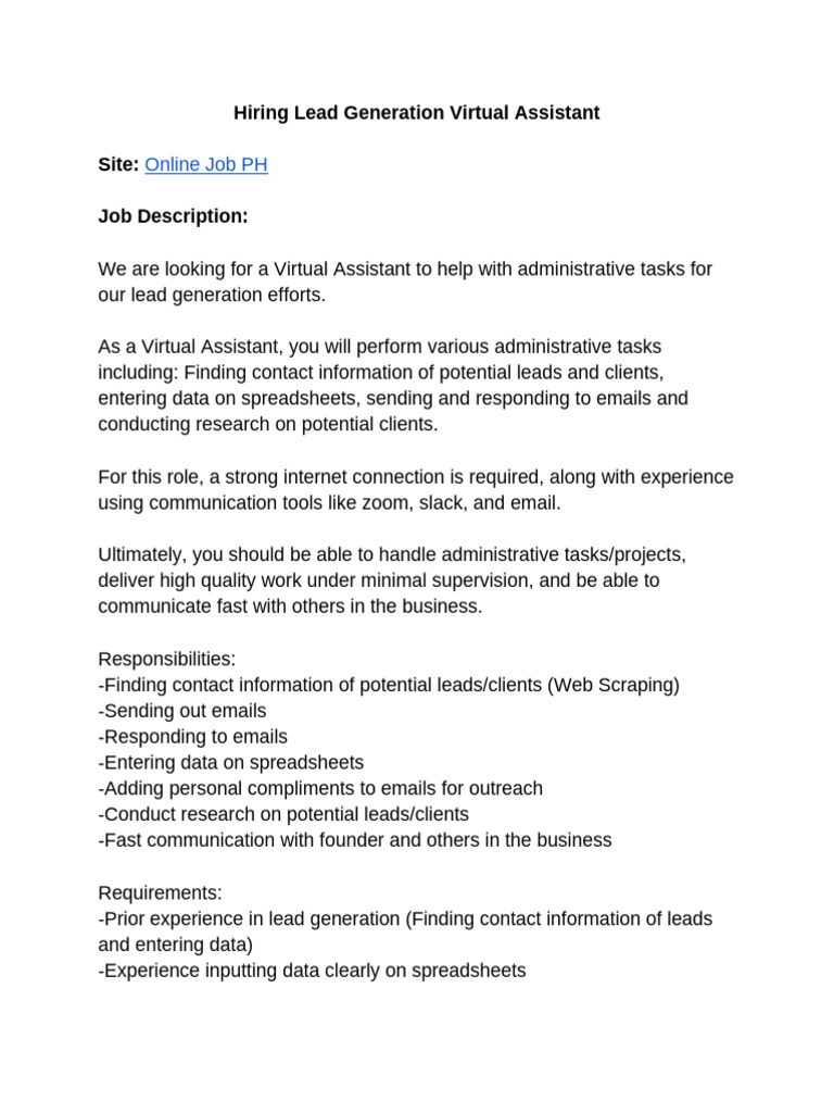 Lead Gen Virtual Assistant Job | PDF | Business | Computers
