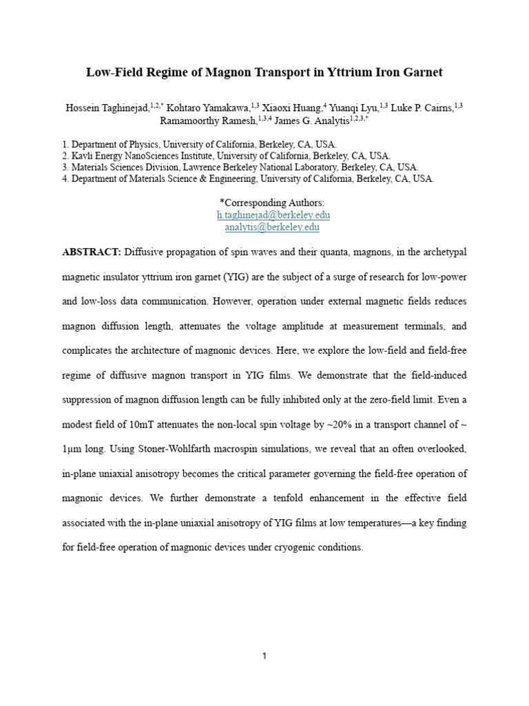 Low-Field Regime of Magnon Transport in Yttrium Iron Garnet: Abstract ...