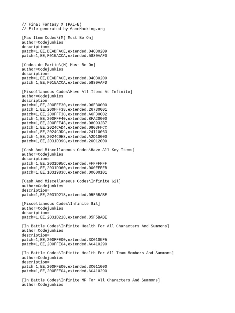 Final Fantasy X PNACH Codes Guide | PDF | Teaching Methods & Materials
