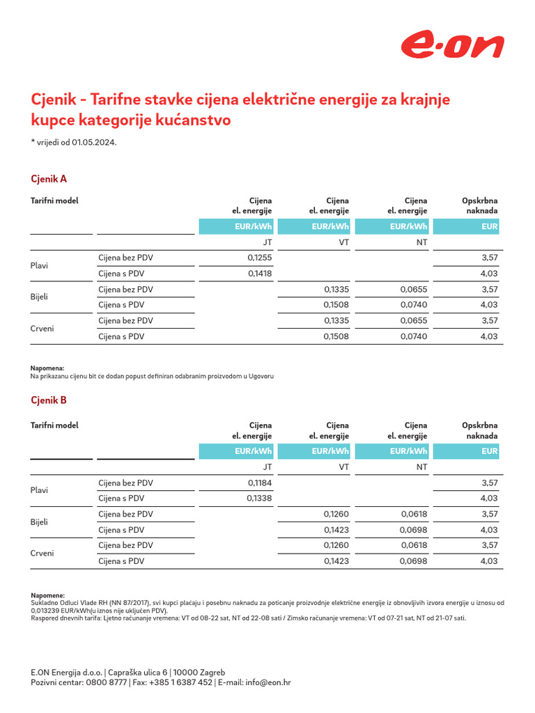 Cjenik Kucanstvo Elektricna Energija | PDF