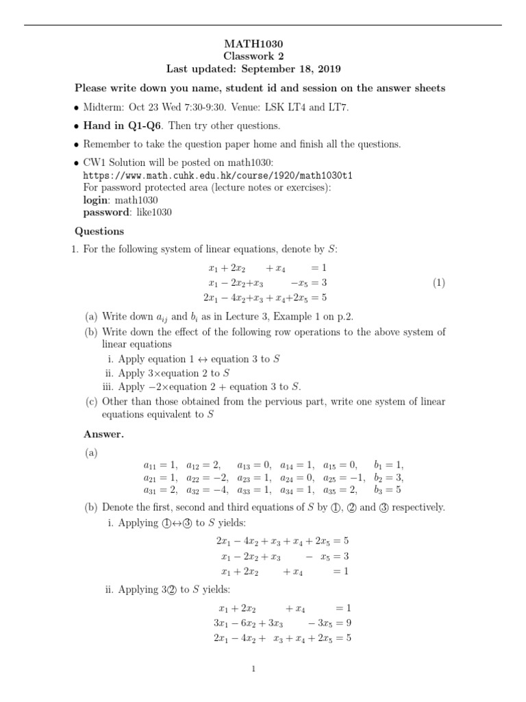 1920t1math1030cw2sol PDF | PDF | Equations | System Of Linear Equations