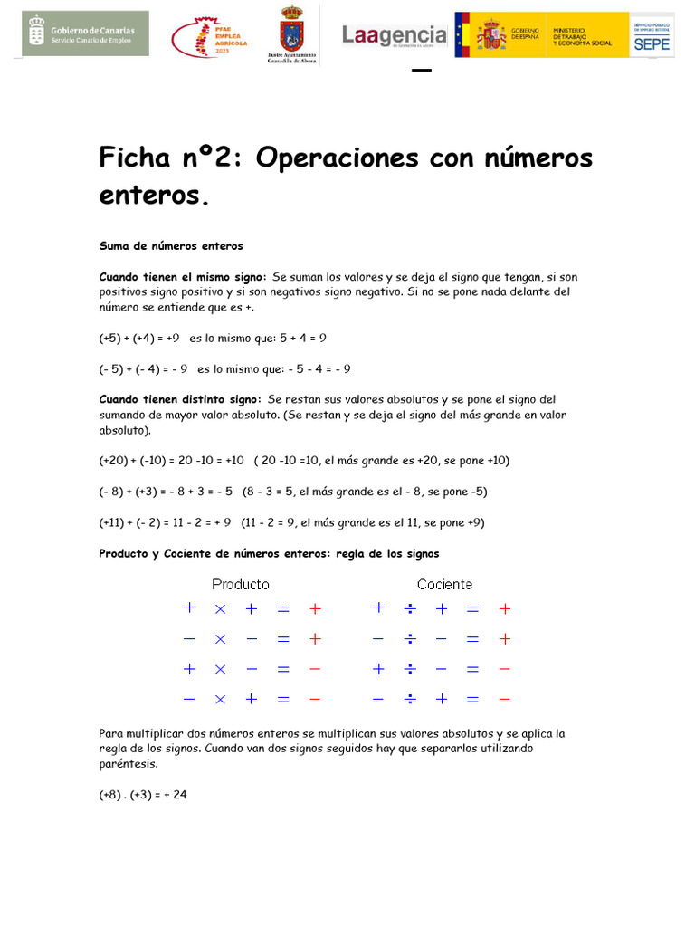 Ficha Nº2 - Operaciones Con Números Enteros. | PDF | División ...